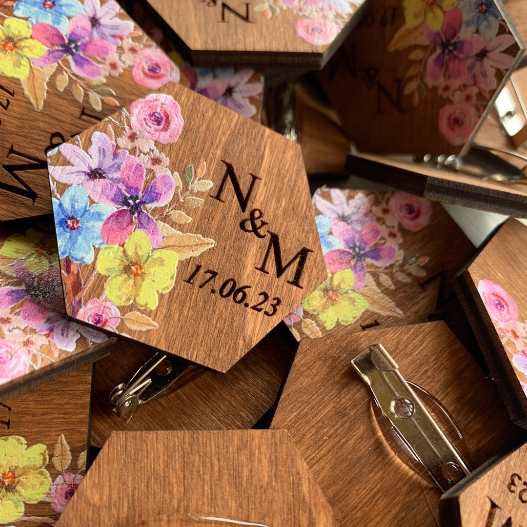 Geometric Wedding Name Tag, Engraved Wood Pins, Wedding Party Favors ...