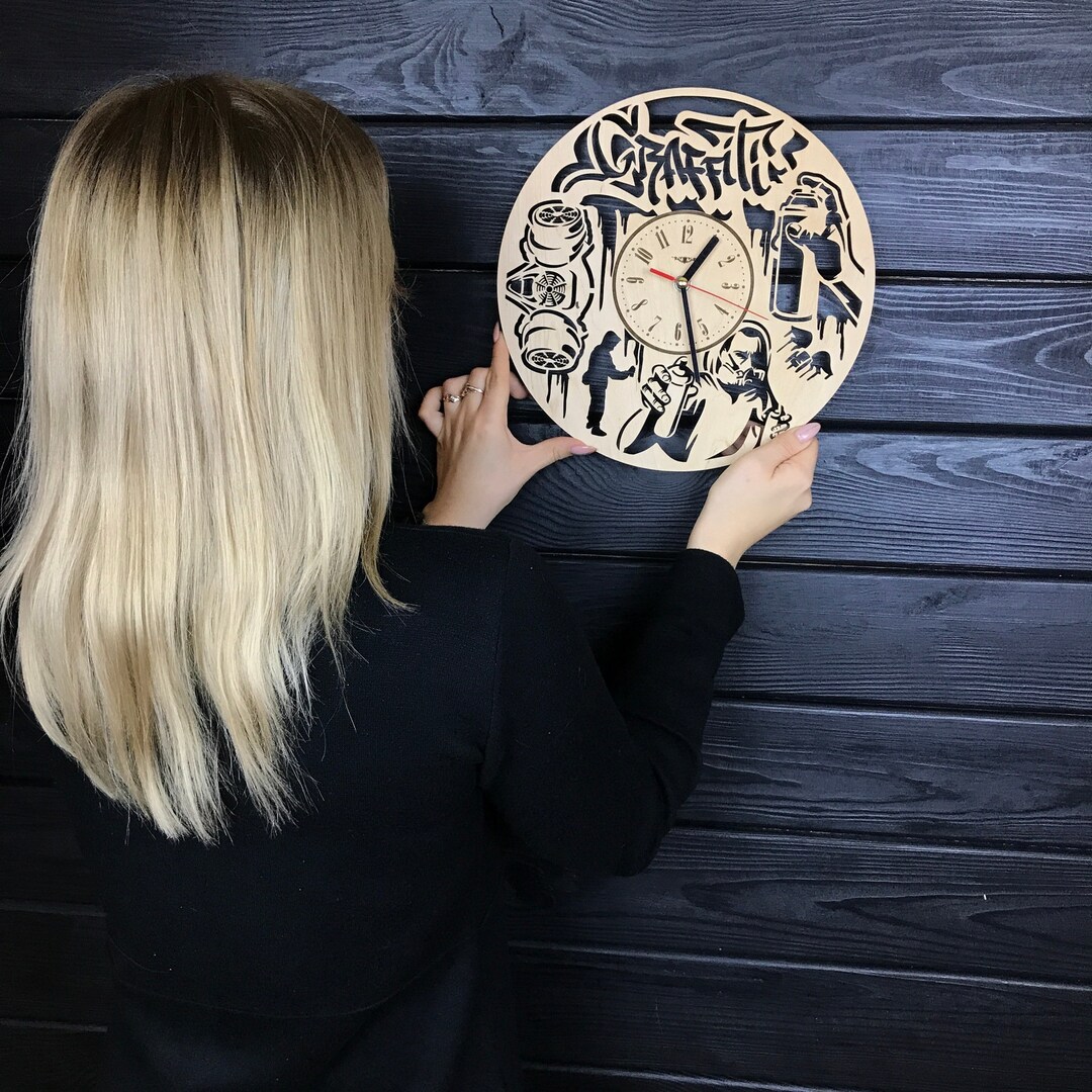 Wood Graffiti Style Wall Clock, Laser Engraved Wall Clock, Round Wood ...