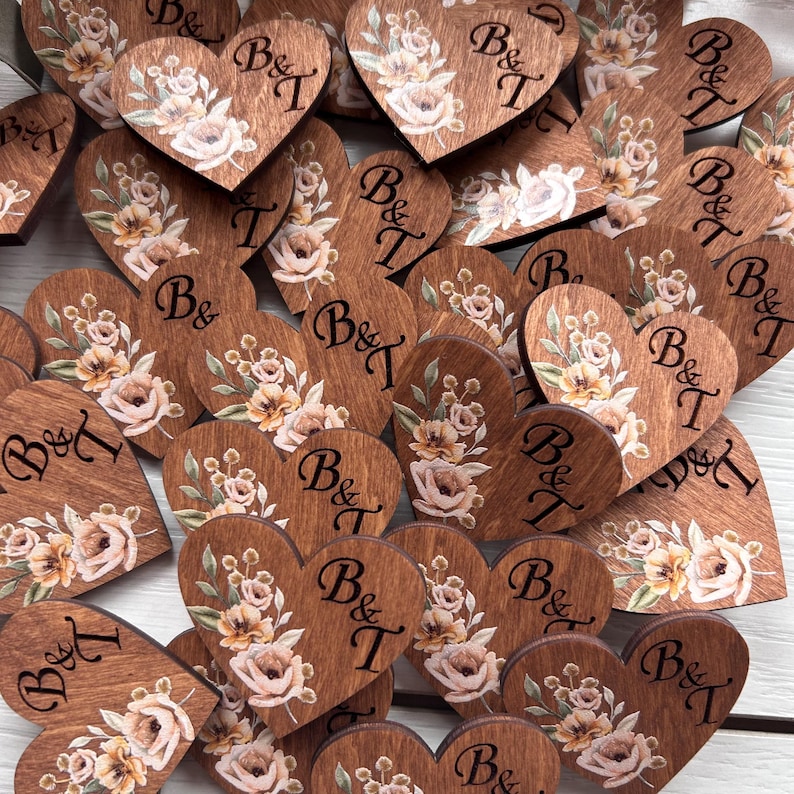 Rustic Autumn Wedding Guests Boutonnieres, Wooden Heart Name Badges ...