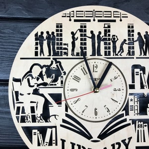 Library Wall Clock Wood Gift for Men Women 5th Anniversary Reading ...