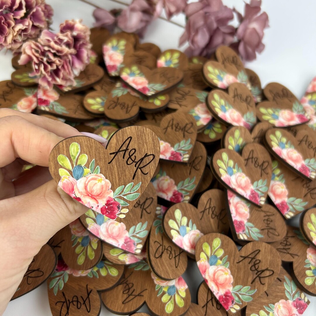 Wood Name Tags Heart – Engraved Wood Hearts & Custom Lapel Pin Wedding ...