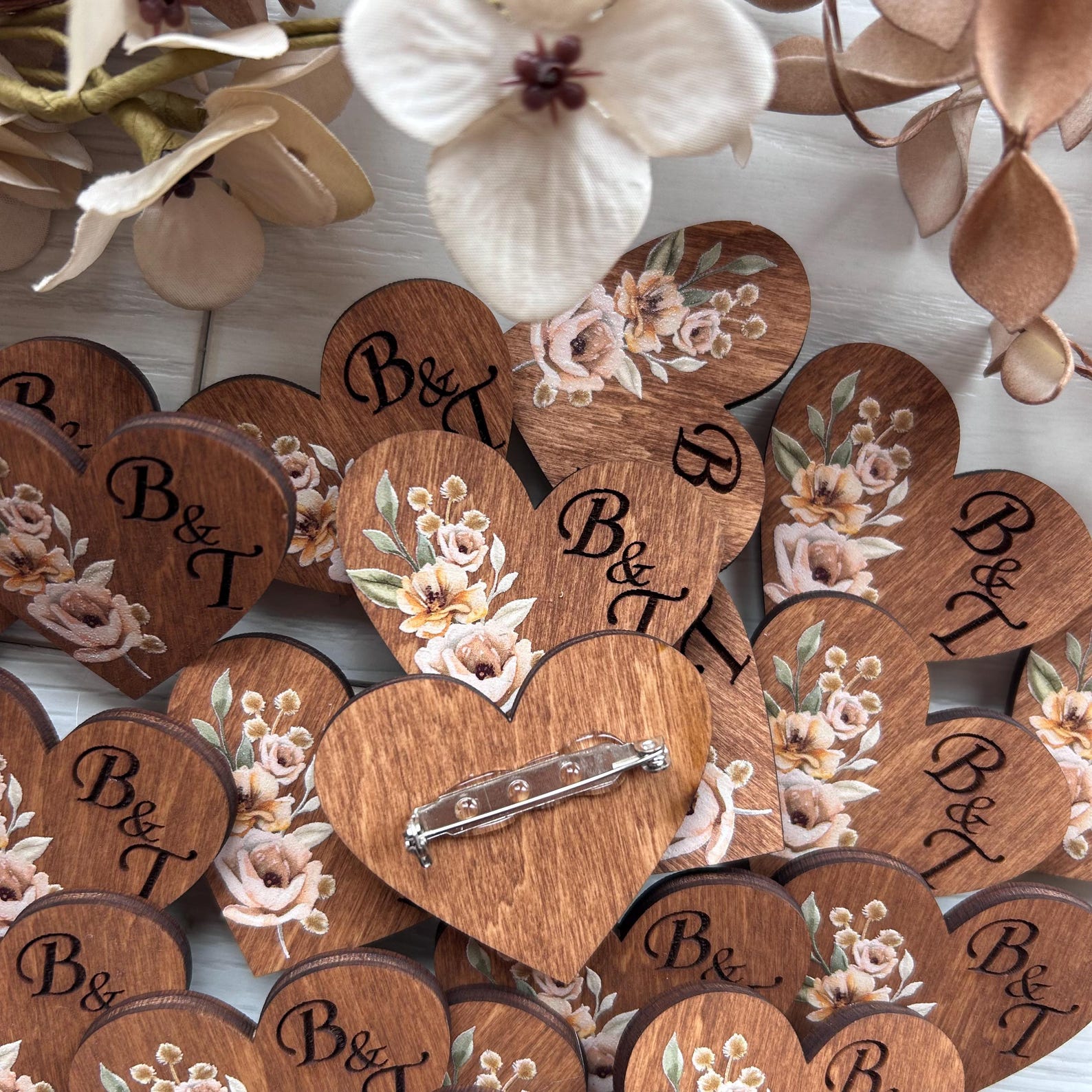 Rustic Autumn Wedding Guests Boutonnieres, Wooden Heart Name Badges ...