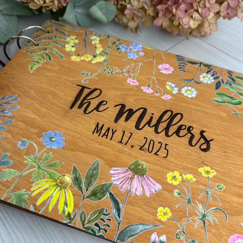 Rustic Wildflowers Guest Book, Wooden Photo Album, Hard Cover Notebook ...