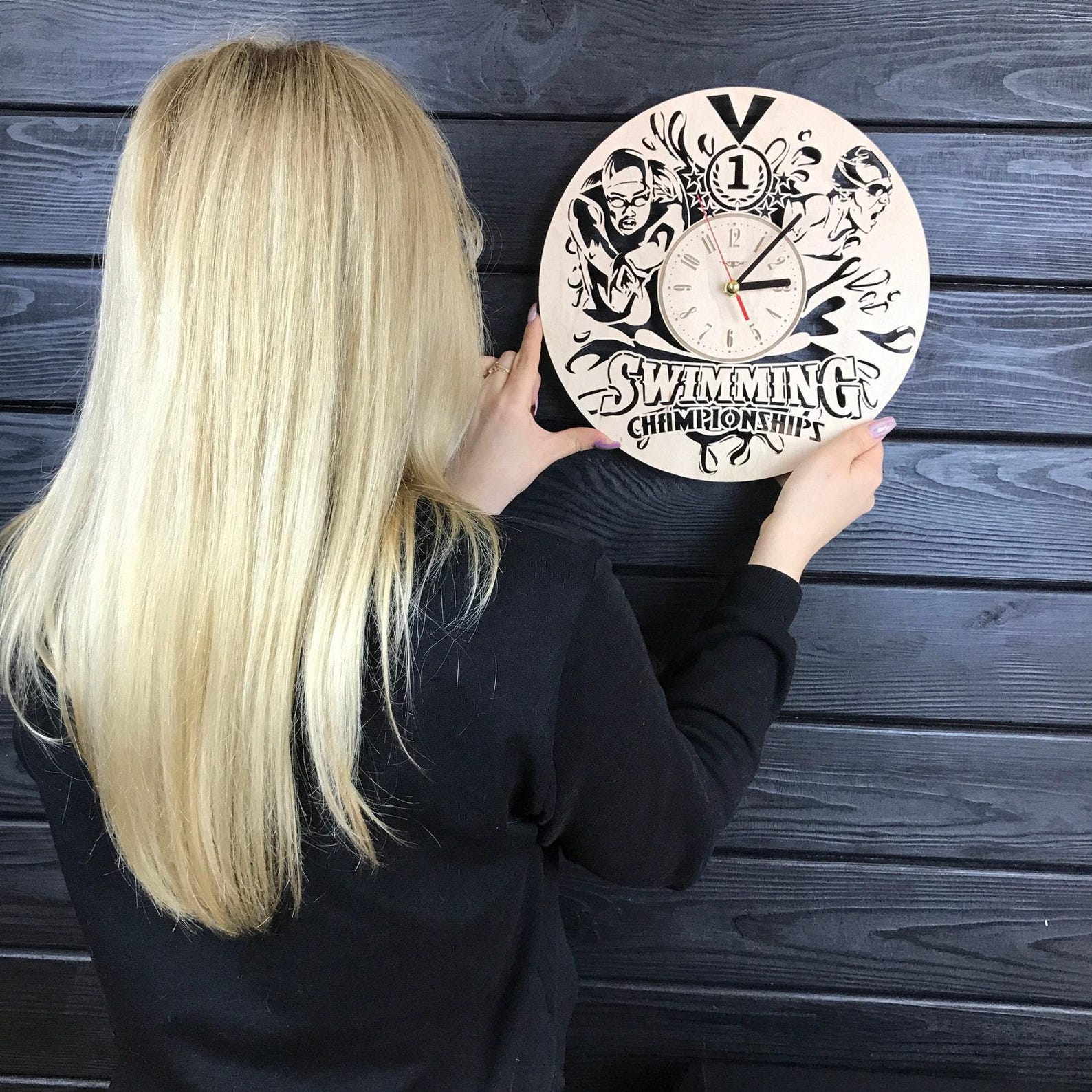 Swimming Wall Clock Wood Gift for Men Women 5th Anniversary Gift ...