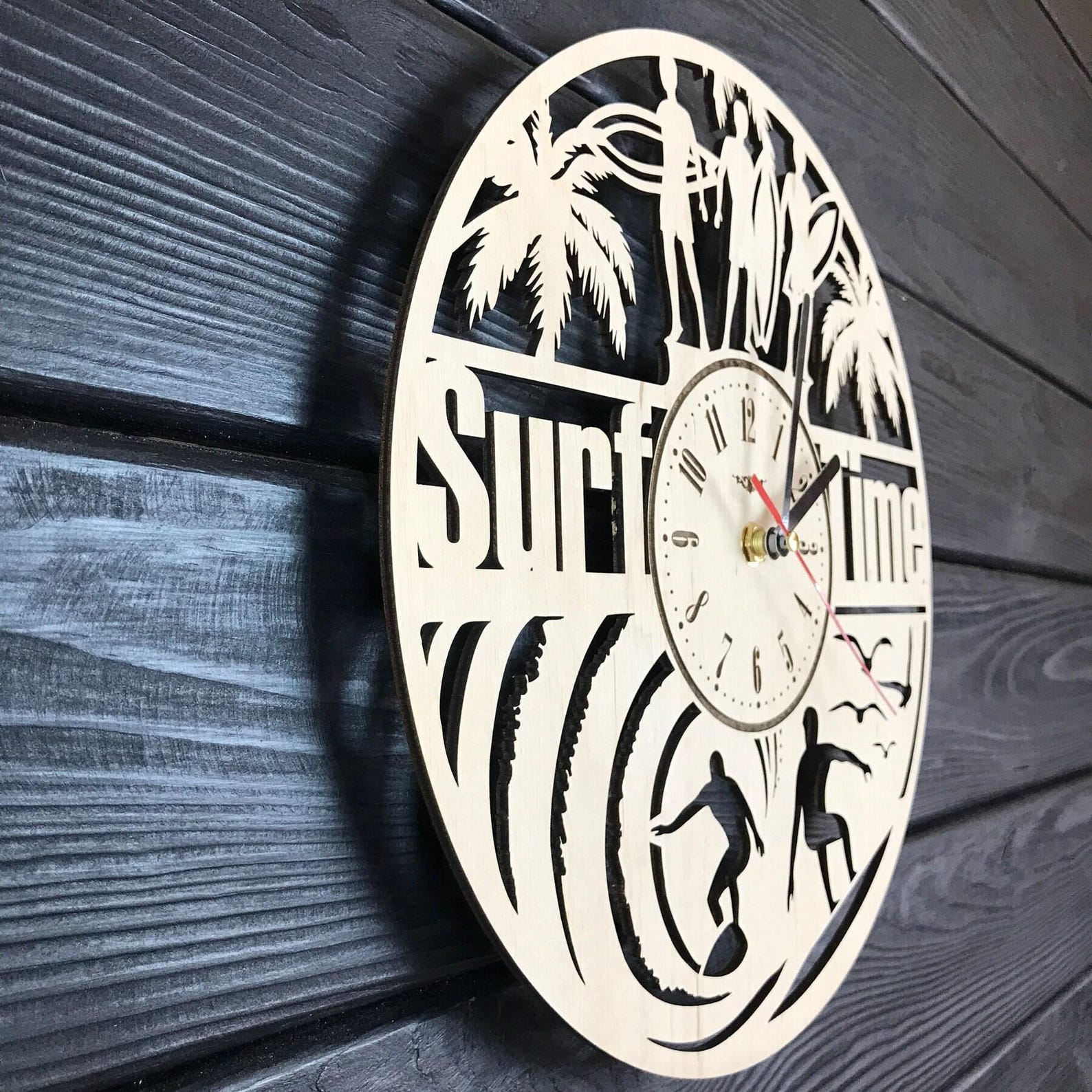Surfing Wall Clock Wood Gift for Men Women 5th Anniversary Gift ...