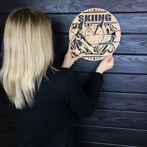Skiing Wall Clock Wood Gift for Men Women 5th Anniversary Gift ...