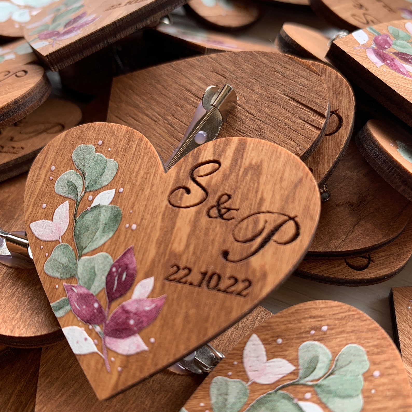 Wedding Boutonniers for Guests Wood Tags Heart Shaped Pins in - Etsy