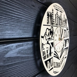 Library Wall Clock Wood Gift for Men Women 5th Anniversary Reading ...