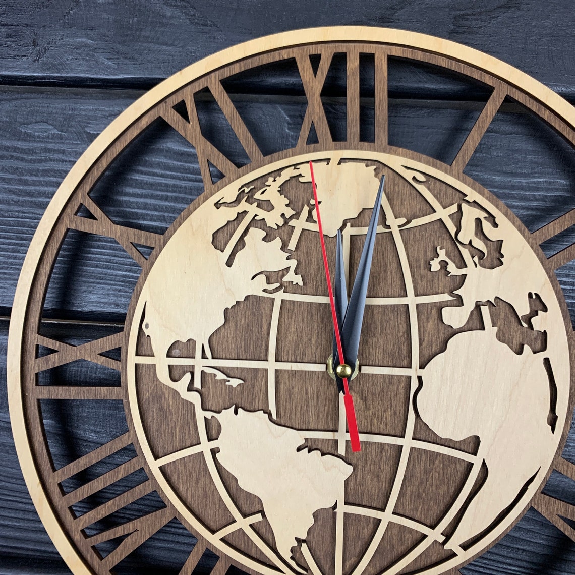 World Map Wall Clock Wood Office World Map Hanging Poster - Etsy
