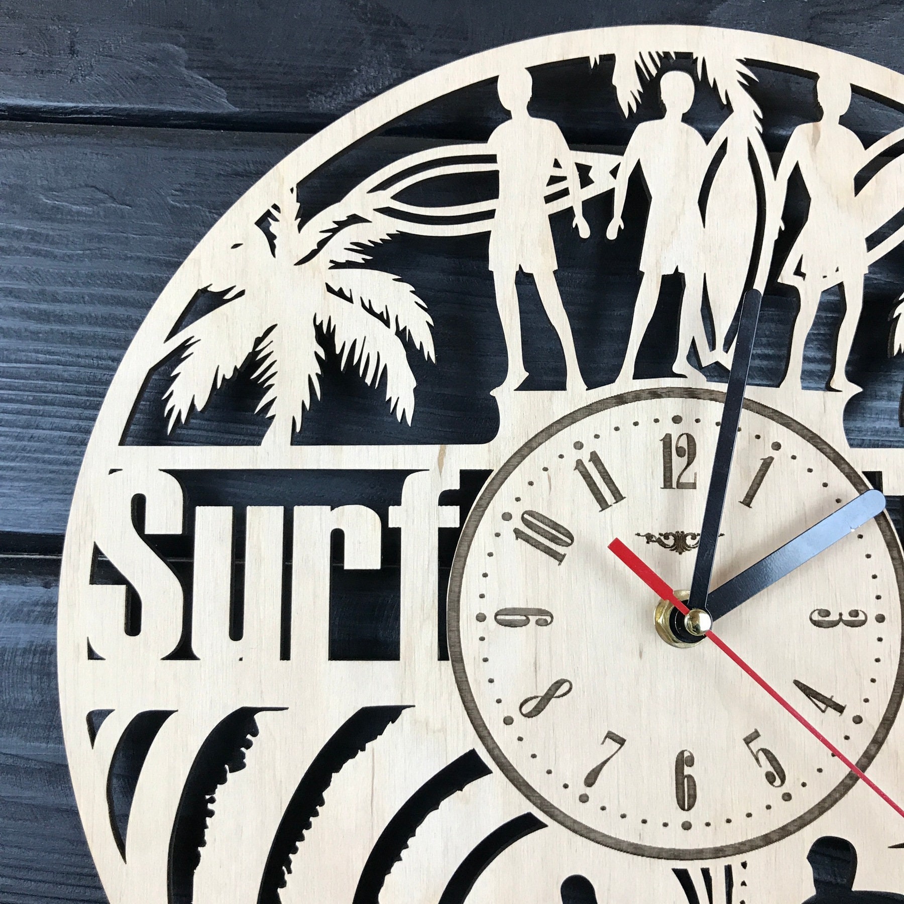 Surfing Wall Clock Wood Gift for Men Women 5th Anniversary Gift ...