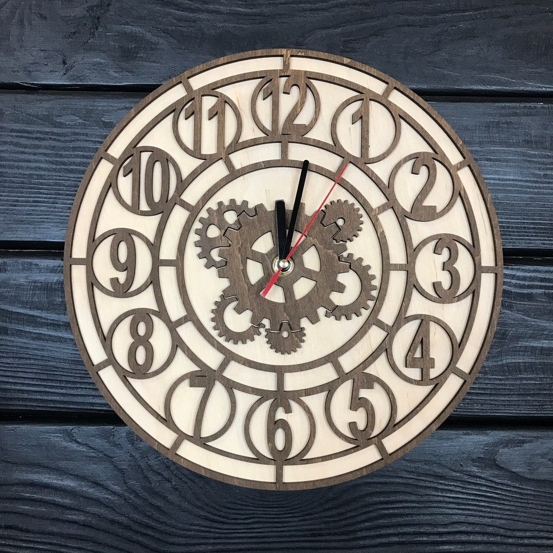 Gears Wall Clock, Custom Wood Clock, Workshop Wall Decor, Cog Wall ...