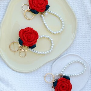 Rose Keychain Charm, Accessories, Crochet, Knitted, Handmade Pearl Rose ...