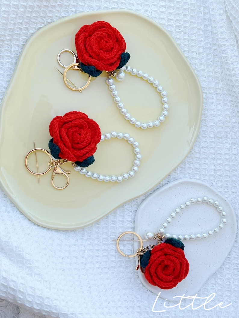 Rose Keychain Charm Accessories Crochet Knitted Handmade - Etsy
