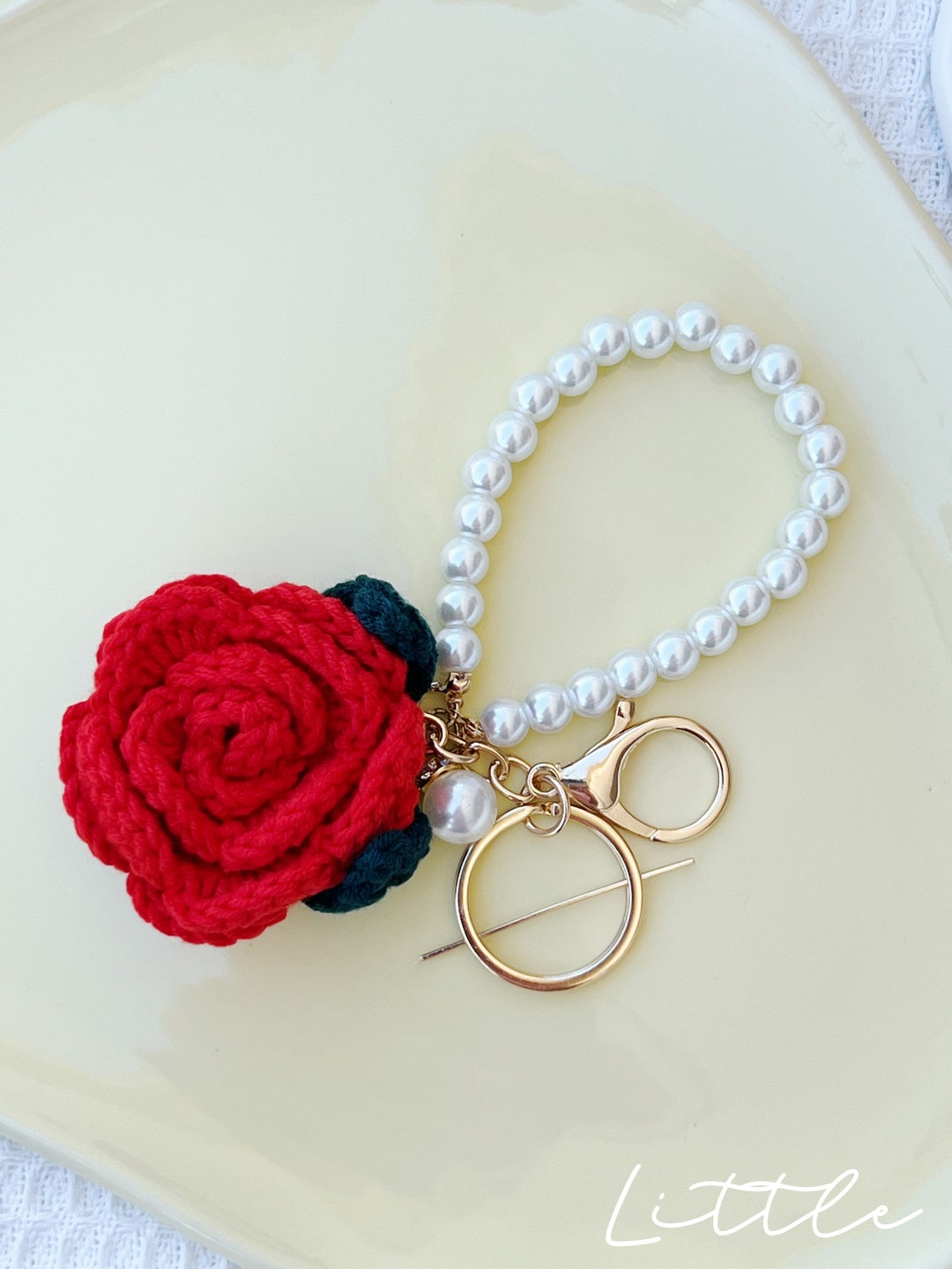 Rose Keychain Charm, Accessories, Crochet, Knitted, Handmade Pearl Rose ...