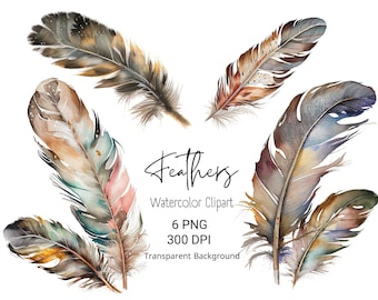 Feather Watercolor Clipart Boho Feather Digital Clipart Feather Wall ...