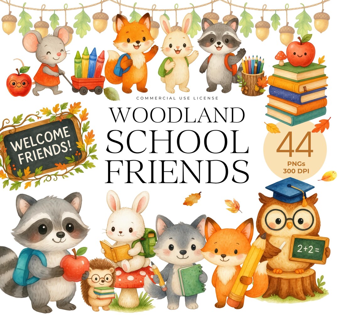 Woodland Back to School Clipart, Cute Forest Animals Clipart, Woodland ...