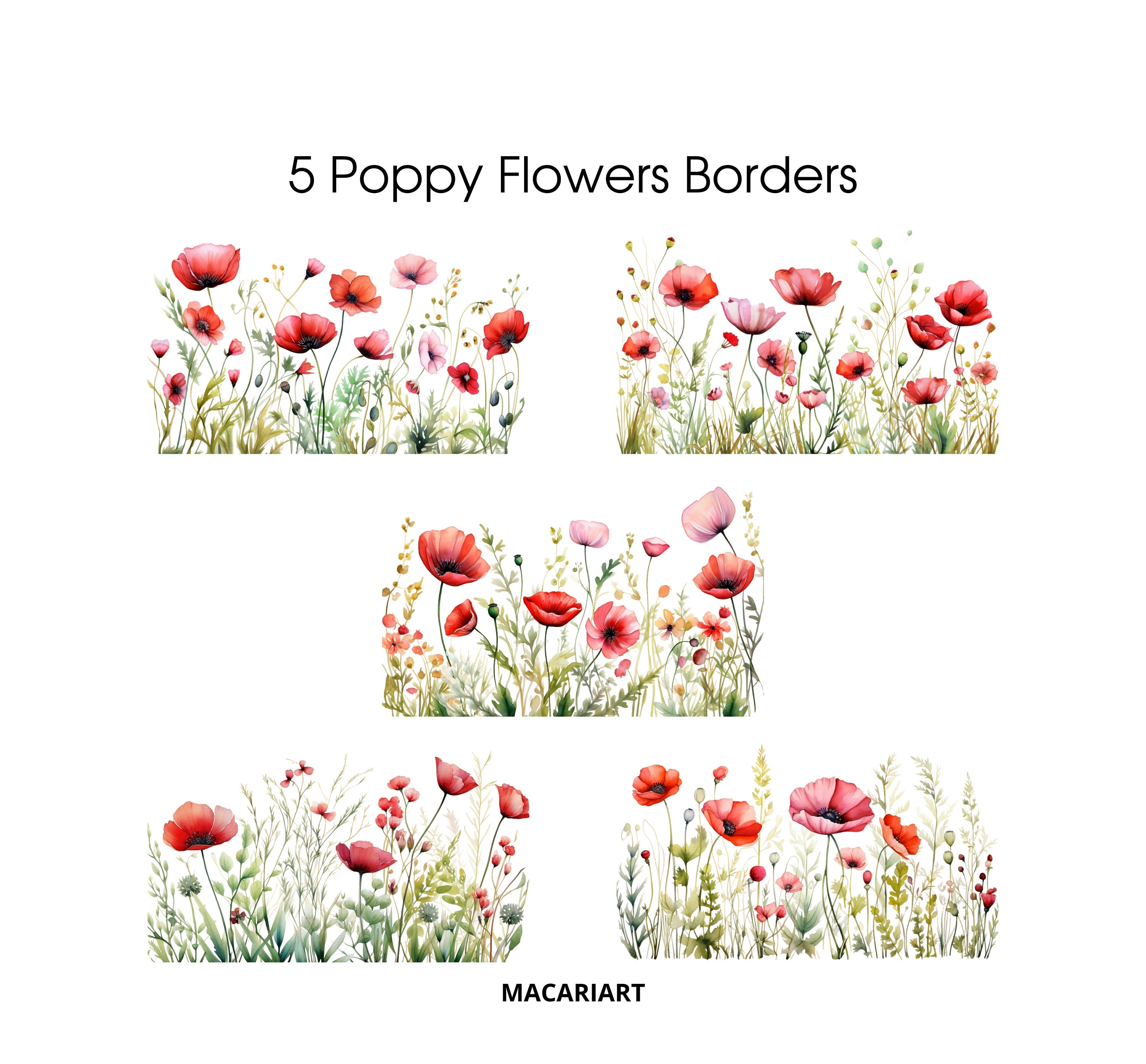 Poppies Borders Clipart Floral Watercolor Borders Red Flowers Seamless ...