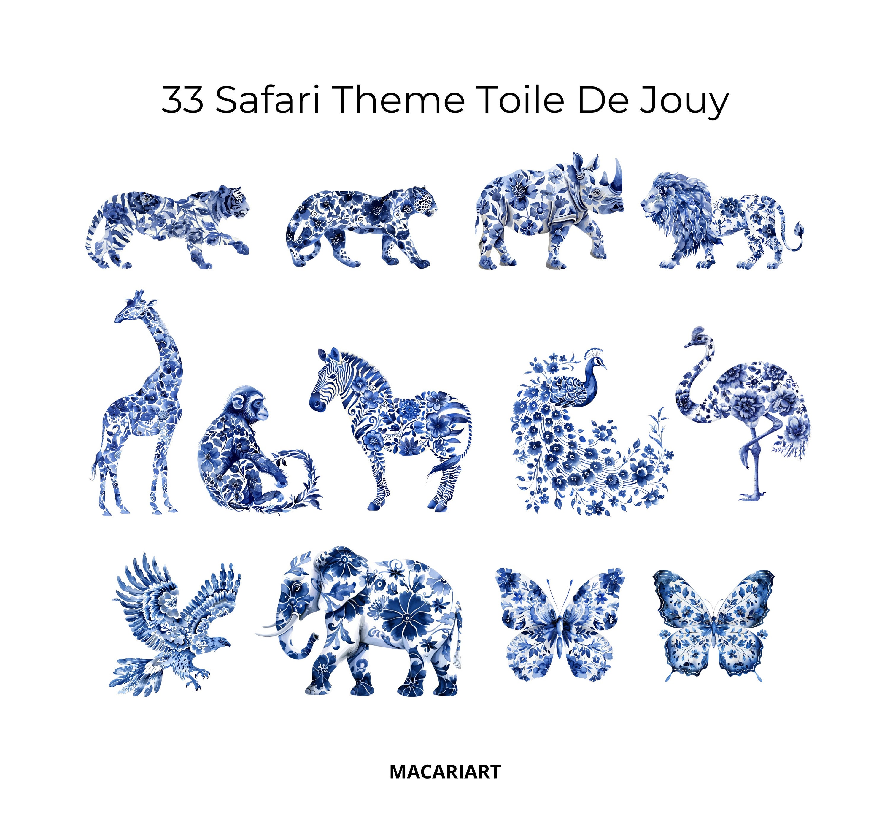 Blue Safari Toile Clipart Watercolor Chinoiserie Jungle Animals Baby ...