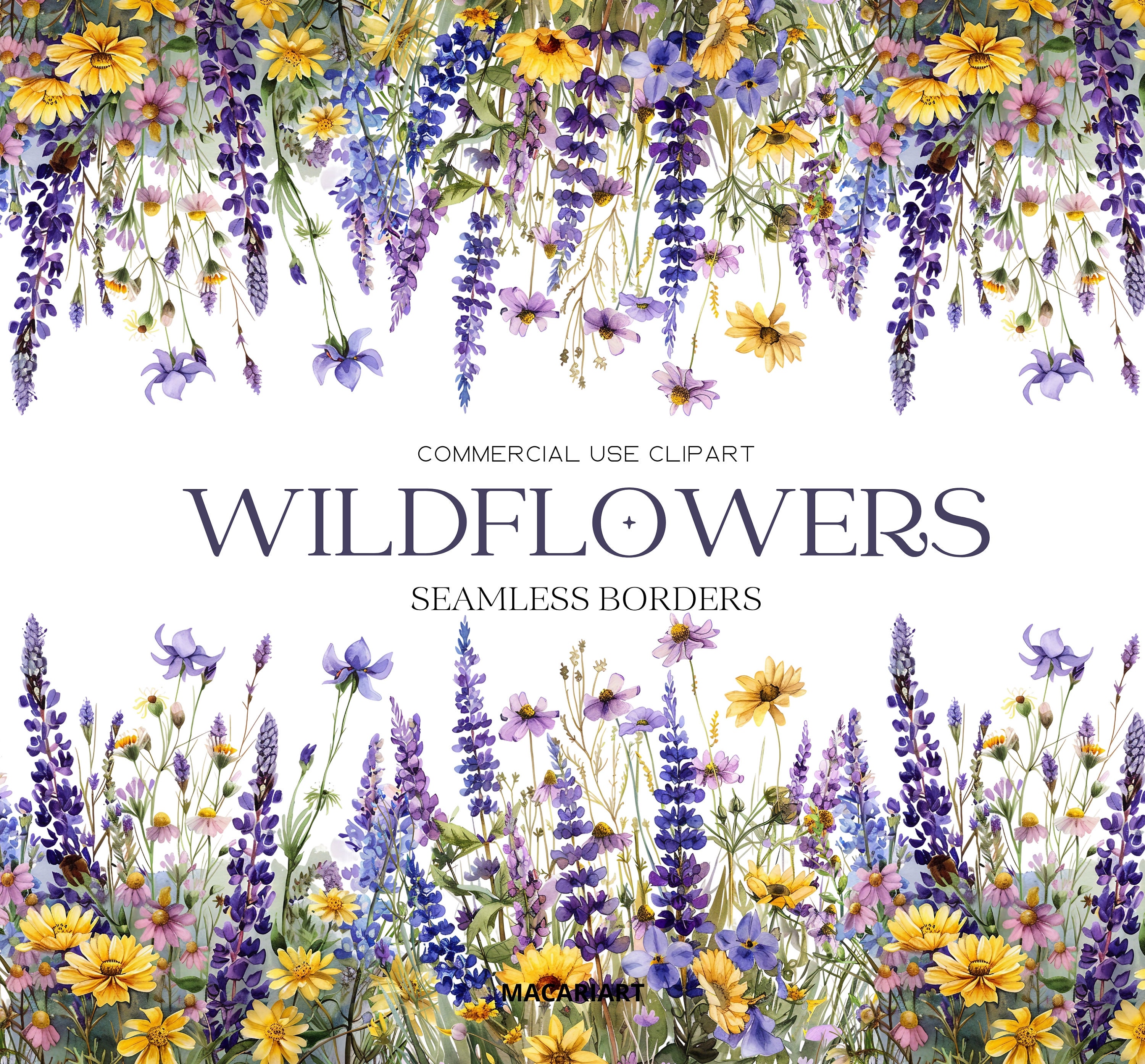 Wildflowers Borders Clipart Floral Watercolor Borders Lavender Flowers ...