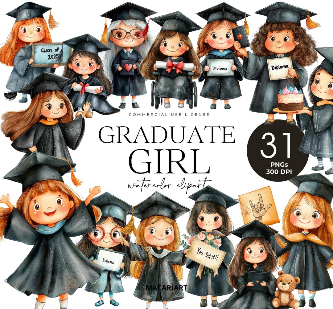 Graduate Girl Clipart, Cute Graduation PNG, Watercolor Graduation Day ...