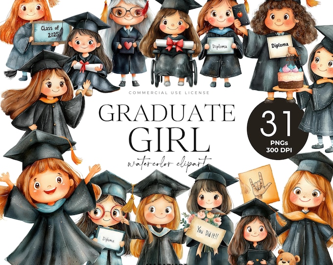 Kindergarten Graduation Clipart, Watercolor Art, 20 Girl Illustrations ...