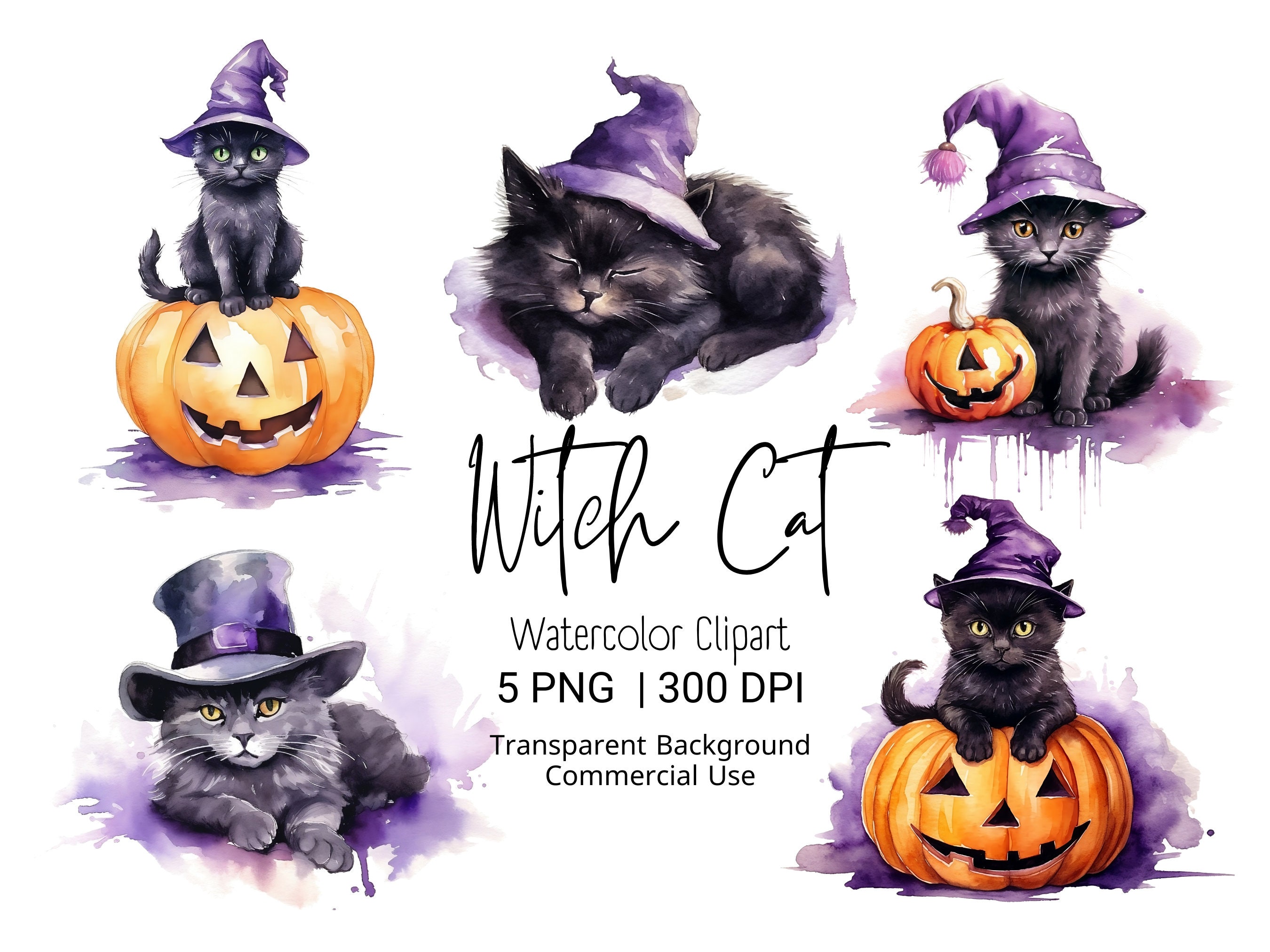 Halloween Cat Watercolor Clipart Witch Cat Halloween Png Black - Etsy