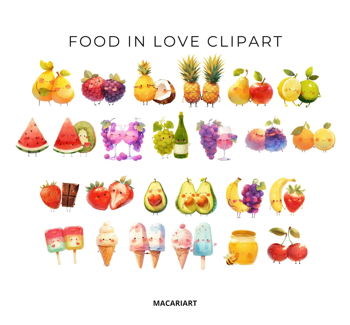 Food in Love Clipart, Kawaii Food Clipart, Cute Watercolor Food, Best ...