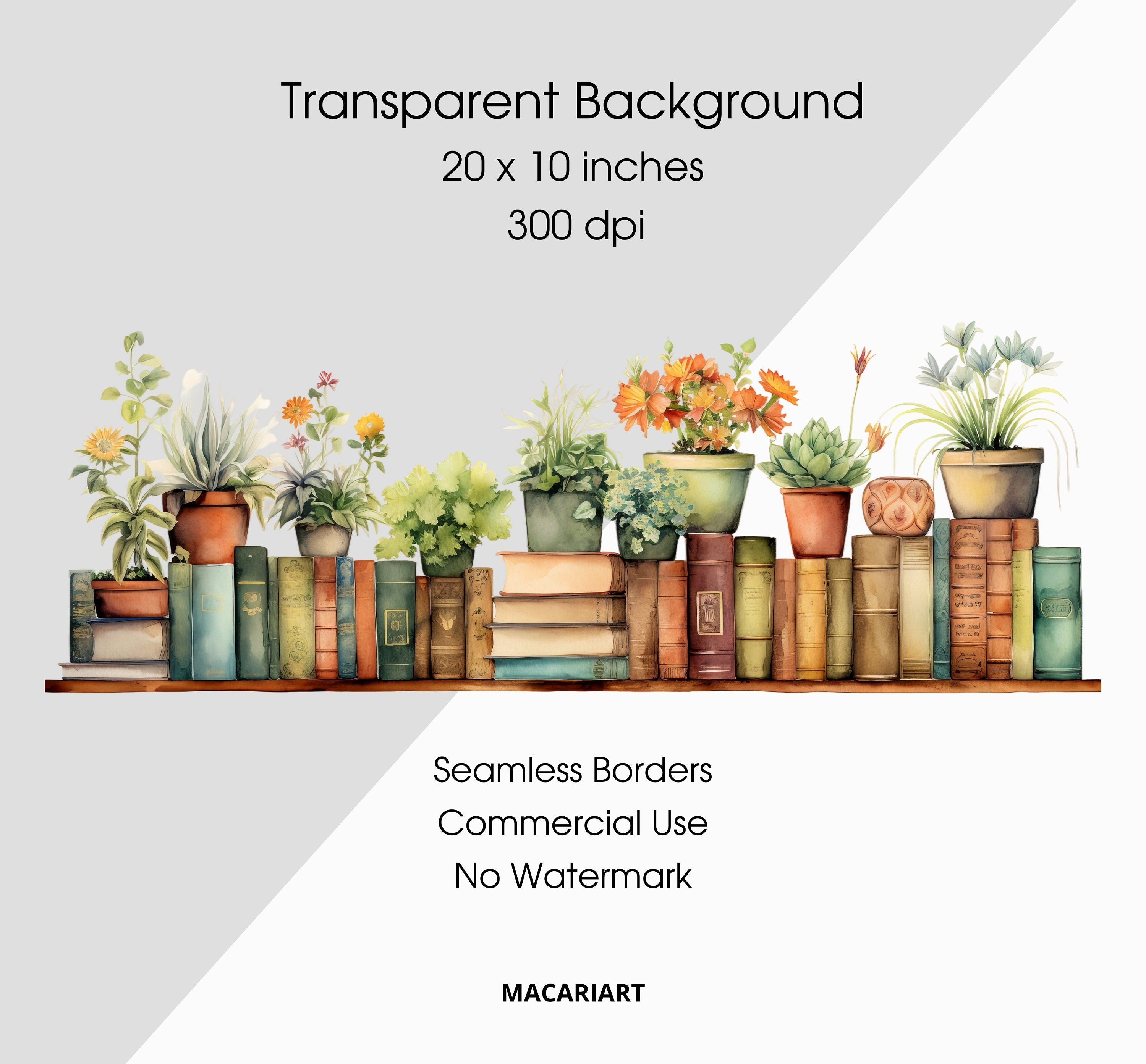 Watercolor Book Border Clipart Floral Bookshelf Png Book Graphics ...