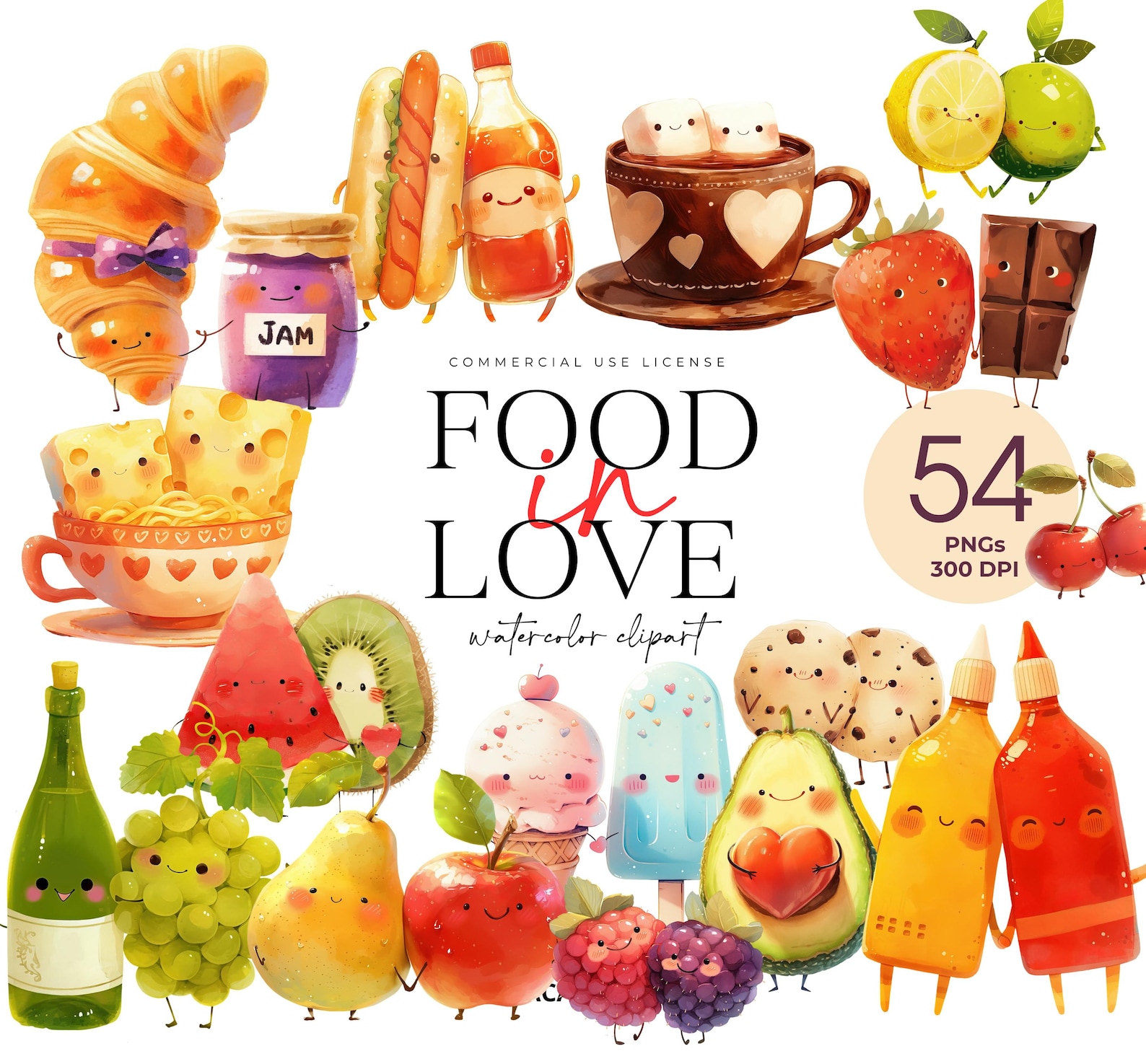 Food in Love Clipart, Kawaii Food Clipart, Cute Watercolor Food, Best ...