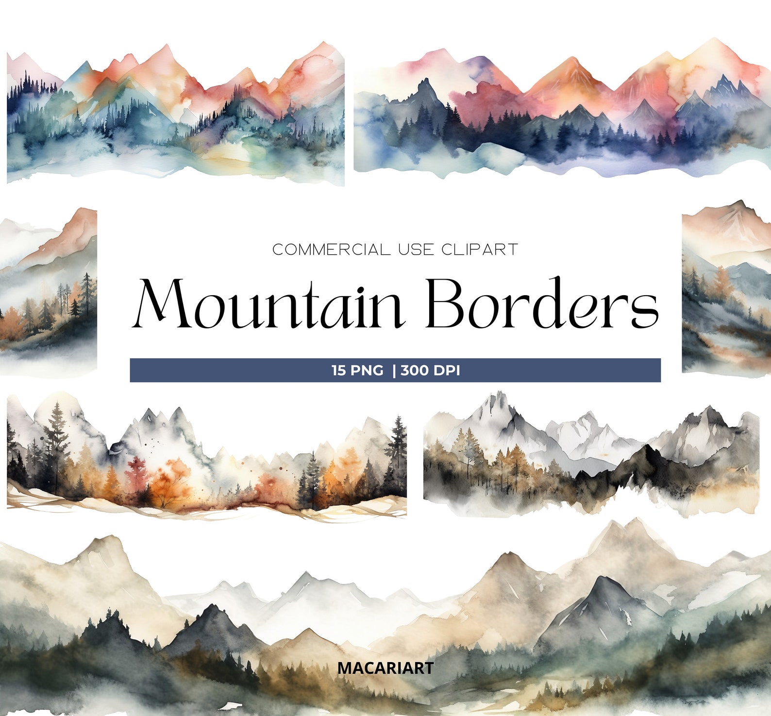 Watercolor Mountain Clipart Png Forest Landscape Mountain Border Nature ...
