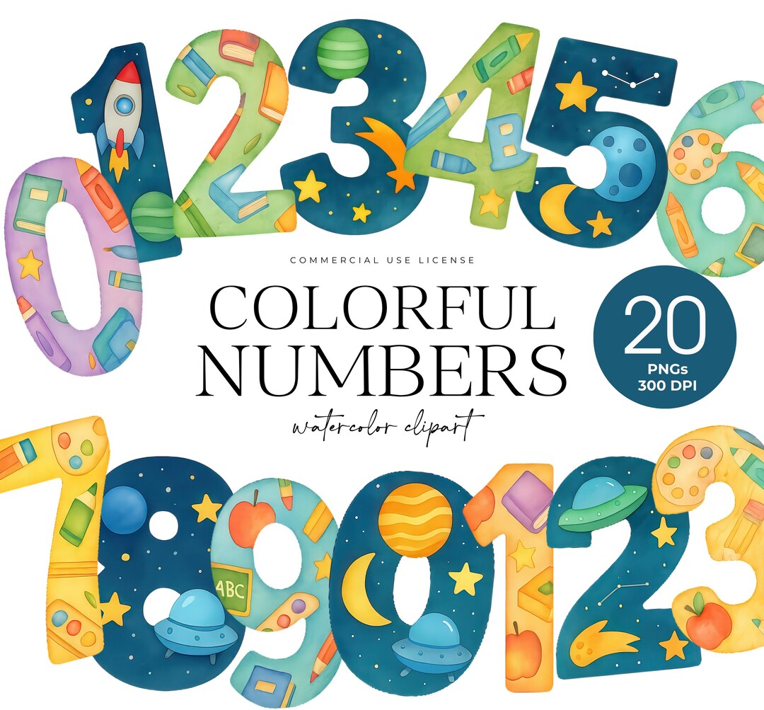 Colorful Numbers Clipart, Watercolor Numbers for Kids, School Beginner ...