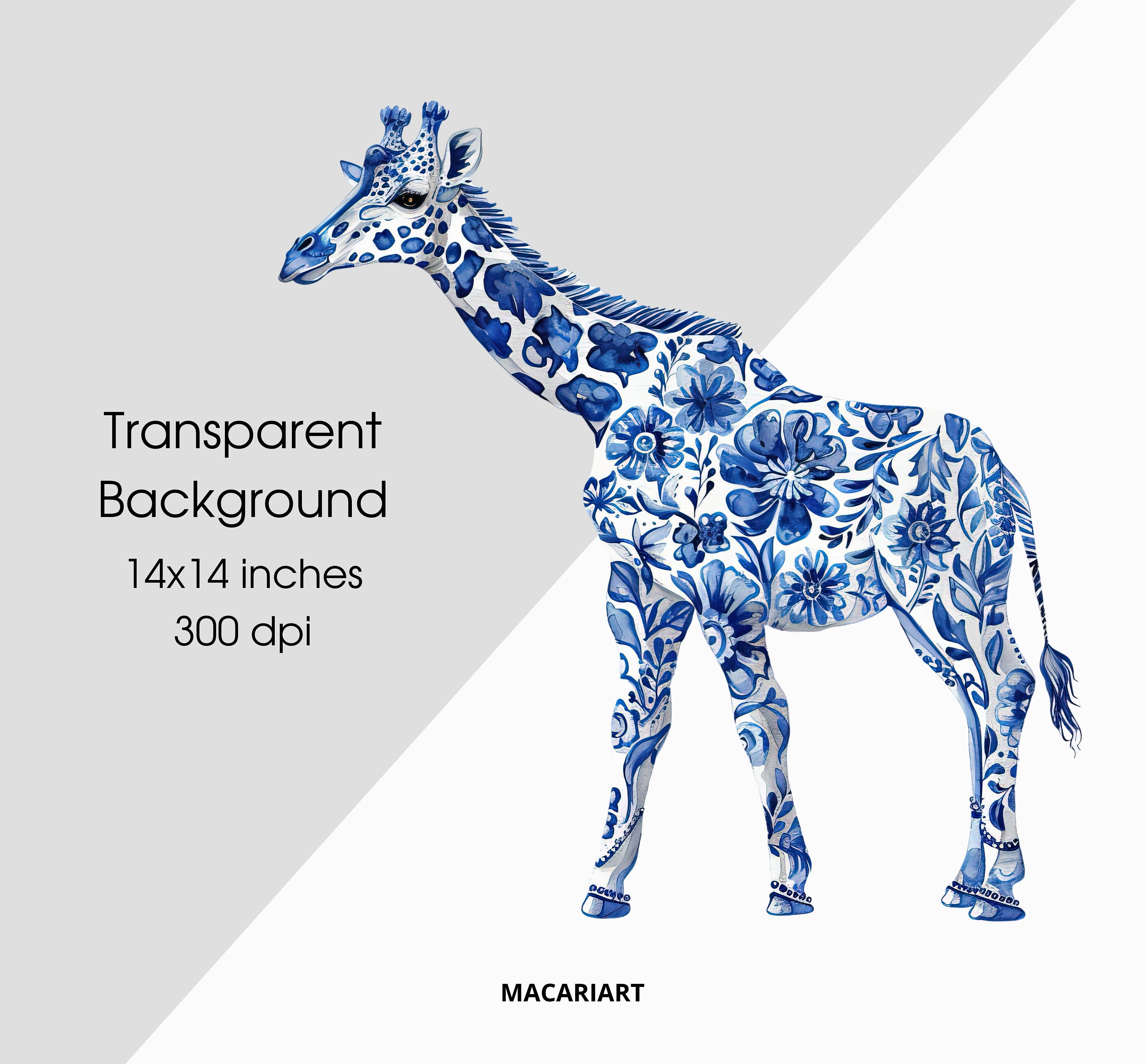 Toile Blue Giraffe Clipart Watercolor Chinoiserie Toile De Jouy Jungle ...
