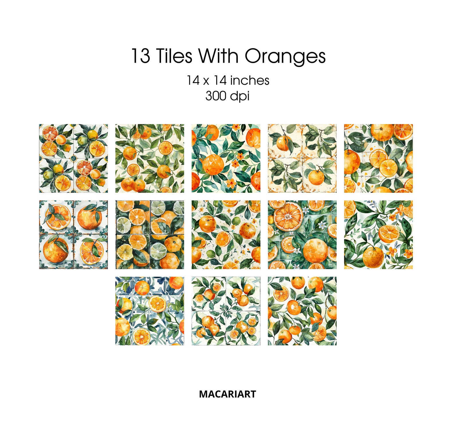 Mediterranean Tile Watercolor Oranges Seamless Pattern Portuguese ...