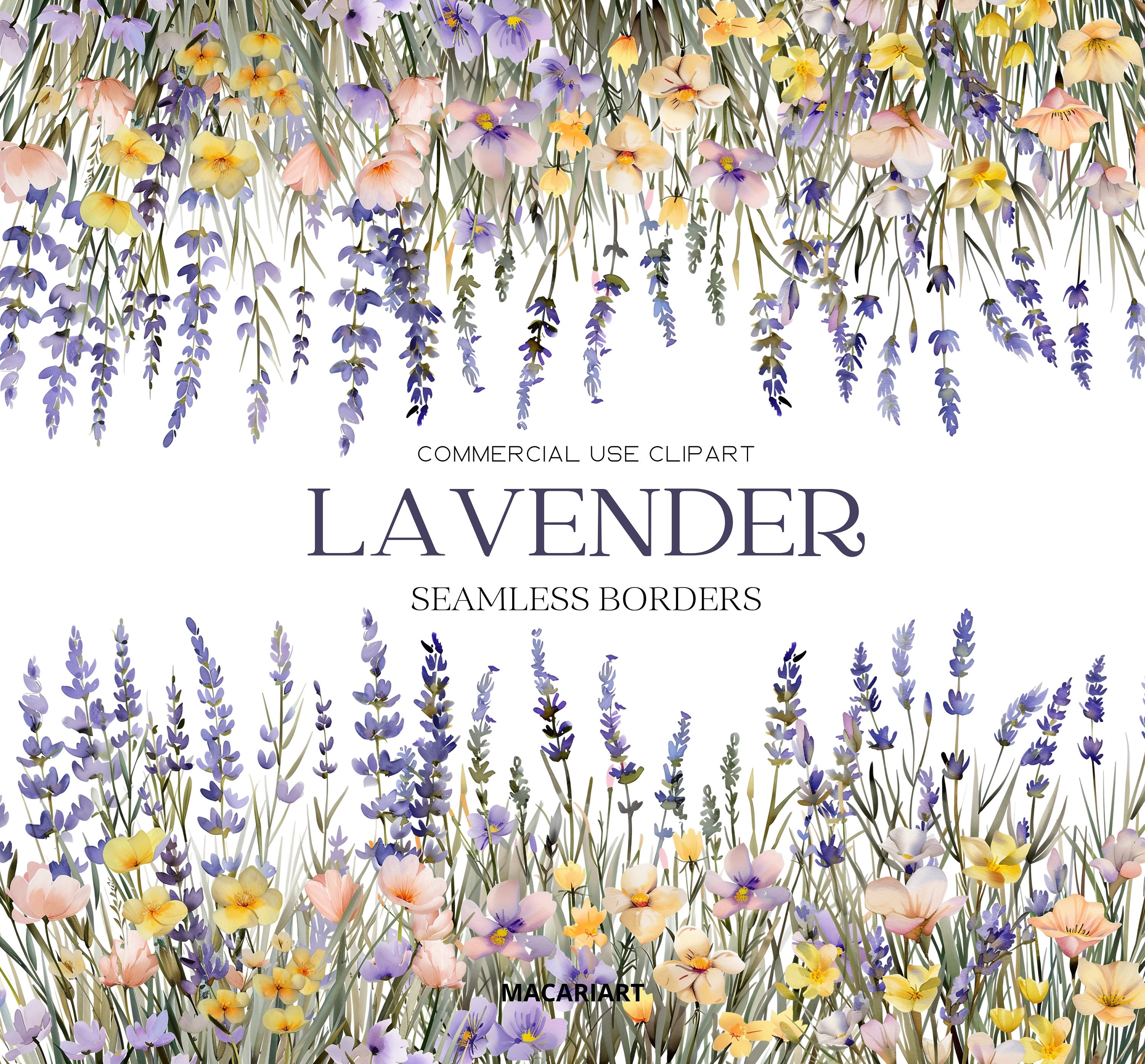 Lavender Borders Clipart Floral Watercolor Borders Wildflowers Seamless ...