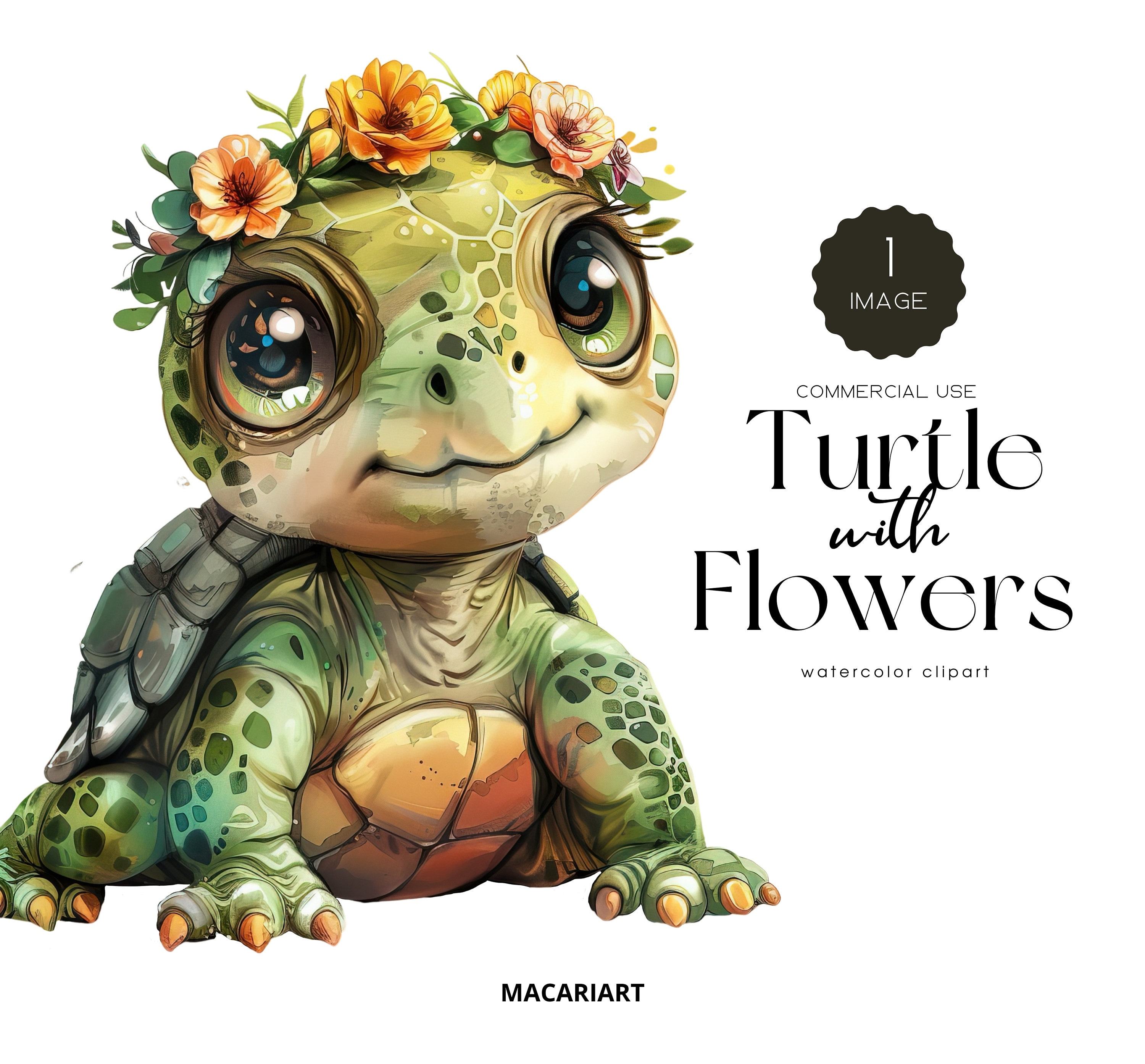 Baby Turtle With Flowers Clipart Watercolor Floral Cute Baby Turtle ...