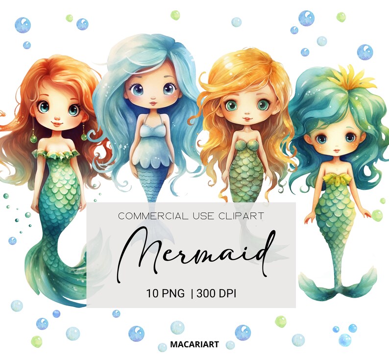 Mermaid Watercolor Clipart Pack, Mermaid Png, Little Mermaid Clipart ...