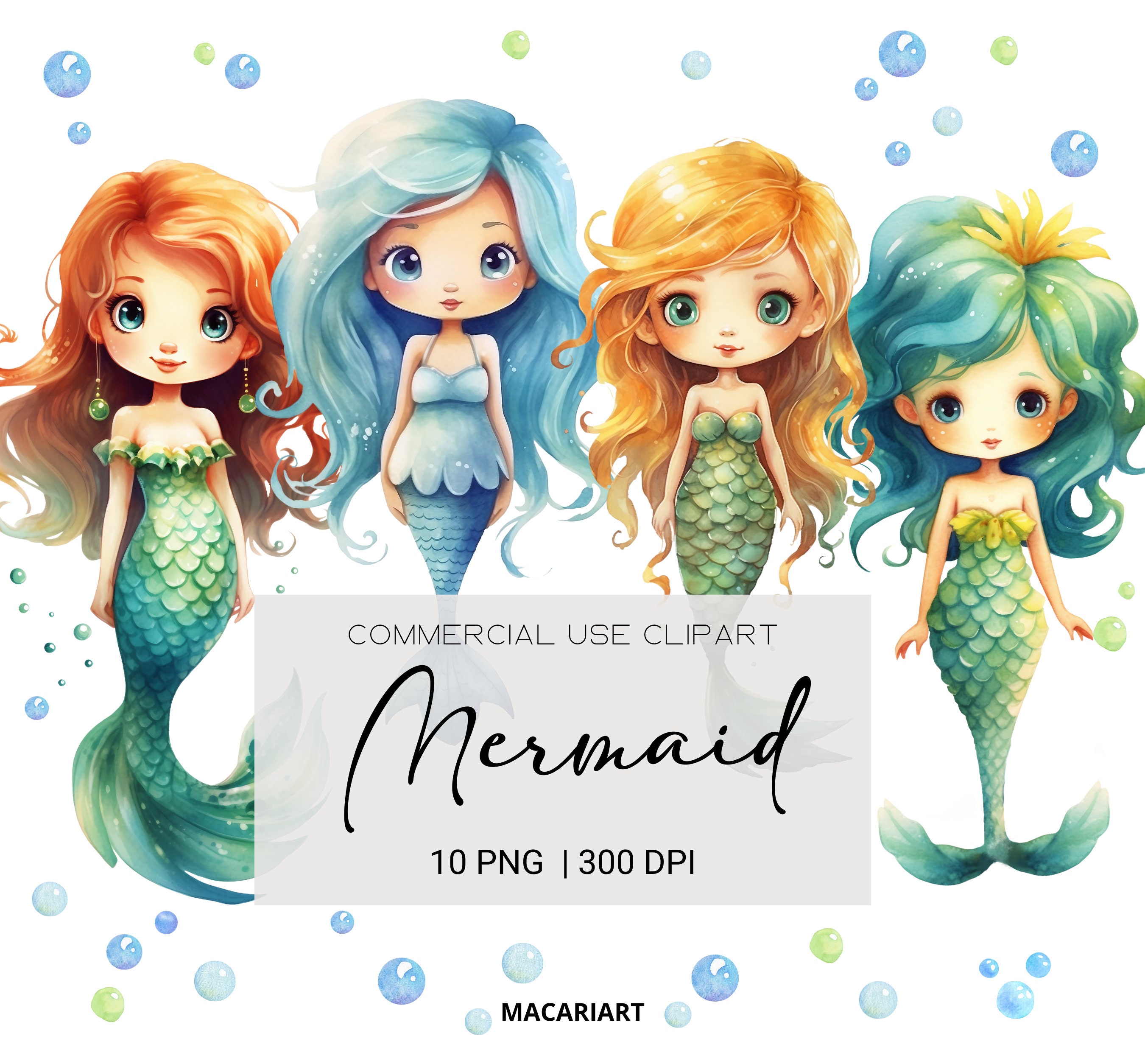 Mermaid Watercolor Clipart Pack, Mermaid Png, Little Mermaid Clipart ...