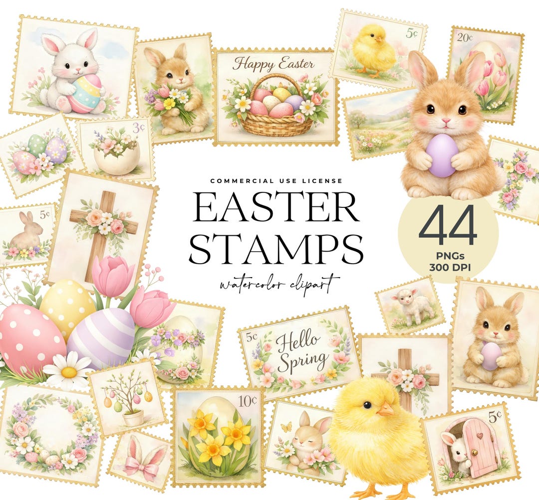 Easter Postage Stamps Clipart, Spring Doodles, Bunny With Eggs Stamps ...
