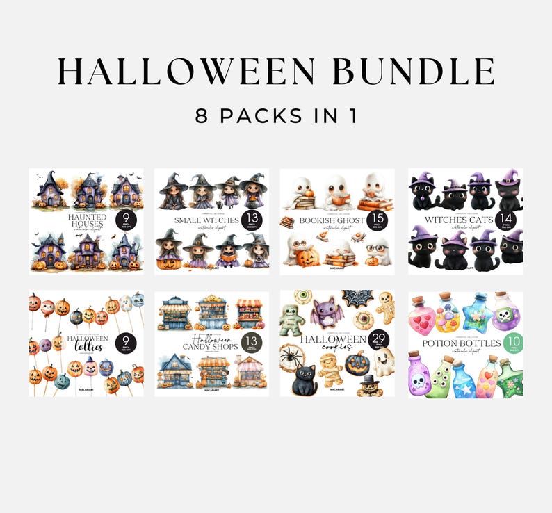 Halloween Clipart Bundle Watercolor Witch Black Cat Ghost Pumpkin ...
