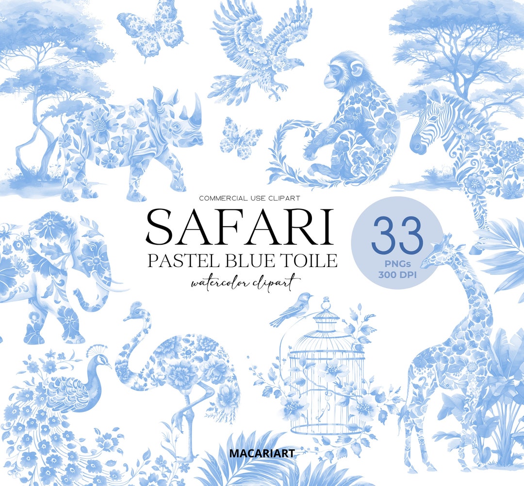 Blue Safari Toile Clipart Watercolor Chinoiserie Jungle Animals Baby ...