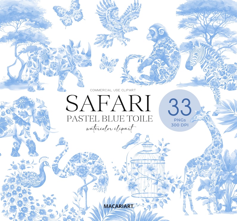 Blue Safari Toile Clipart Watercolor Chinoiserie Jungle Animals Baby ...