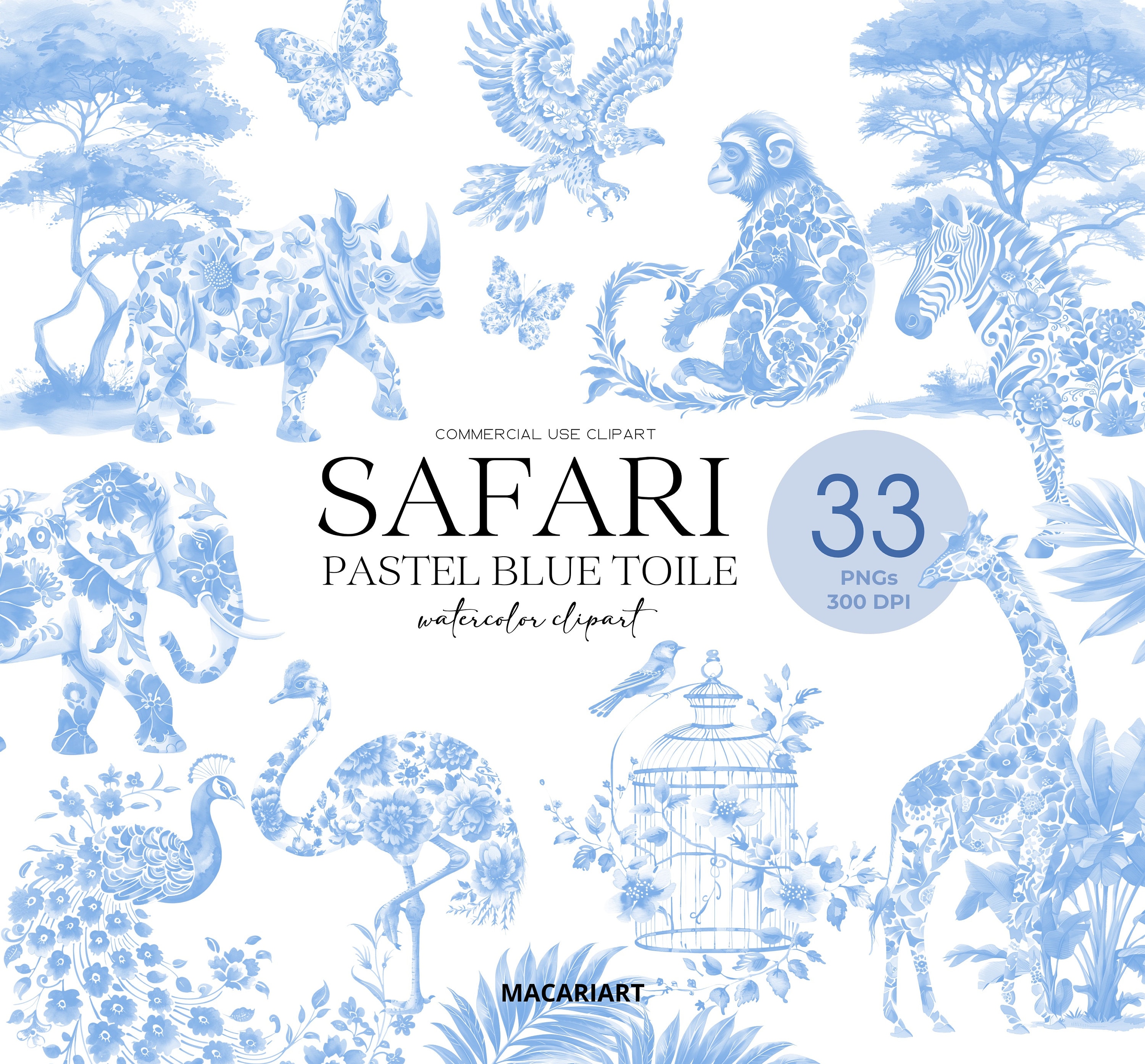 Blue Safari Toile Clipart Watercolor Chinoiserie Jungle Animals Baby ...