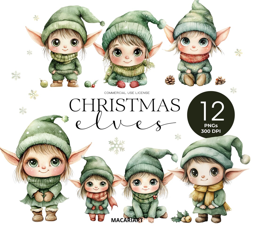Cute Christmas Elves Clipart Watercolor Santa Elf Png Cute Christmas ...