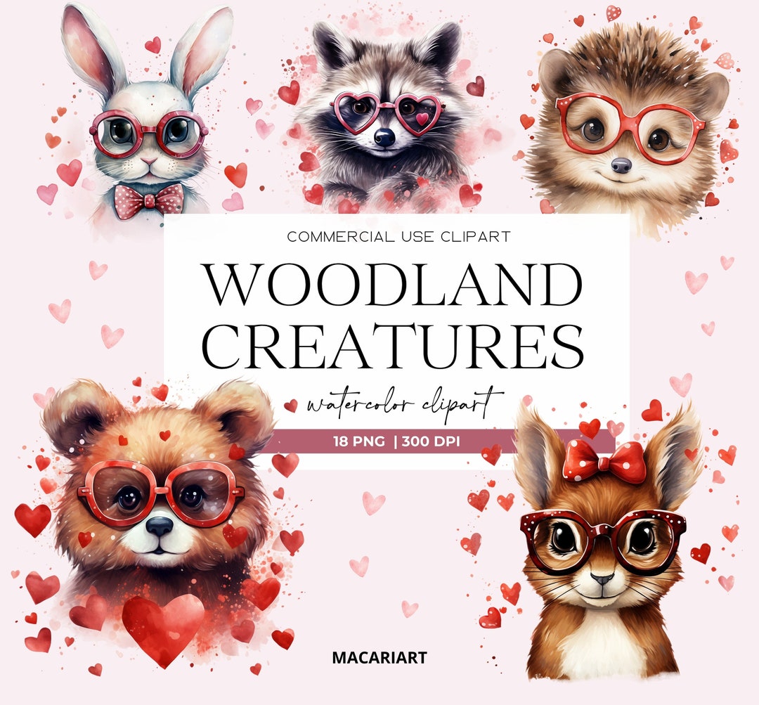 Woodland Animals Watercolor Clipart Cute Animals Pack Valentines Wood ...