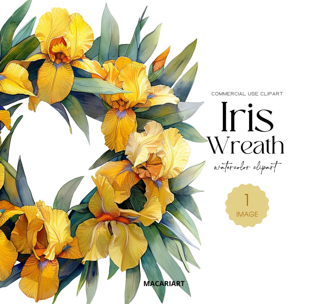 Yellow Iris Wreath Watercolor Clipart Yellow Floral Wedding Clip Art ...