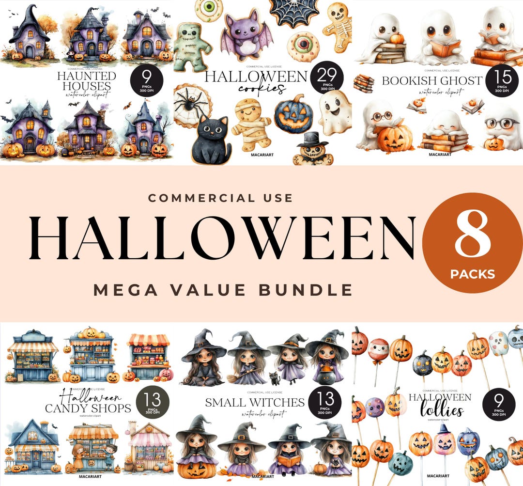 Halloween Clipart Bundle Watercolor Witch Black Cat Ghost Pumpkin ...