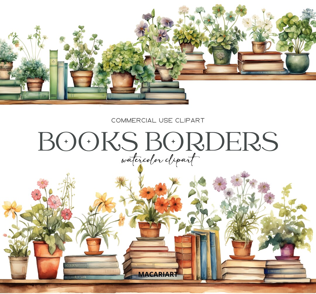 Watercolor Book Border Clipart Floral Bookshelf Png Book Graphics ...