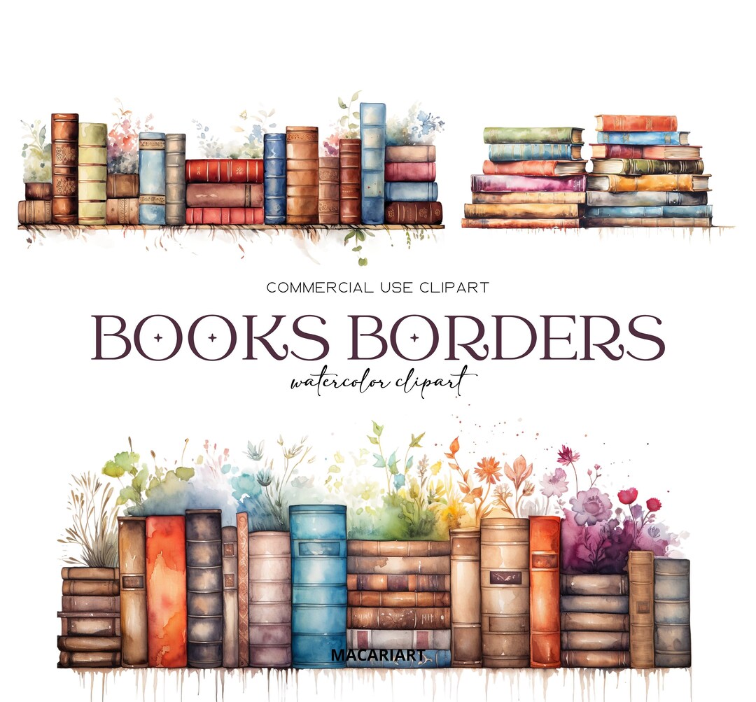 Watercolor Book Border Clipart Bookshelf Png Book Graphics Reading ...