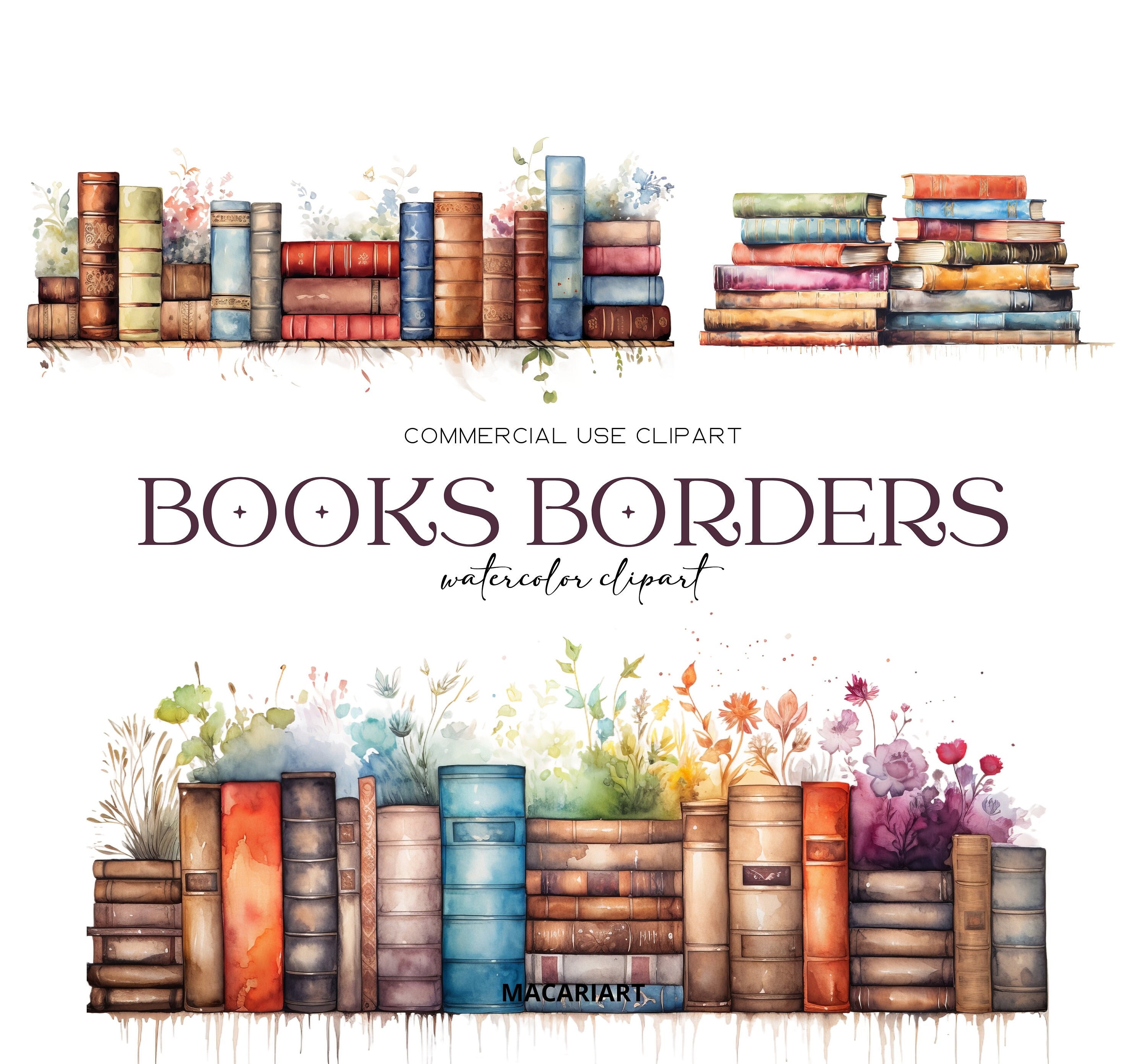 Watercolor Book Border Clipart Bookshelf Png Book Graphics Reading ...