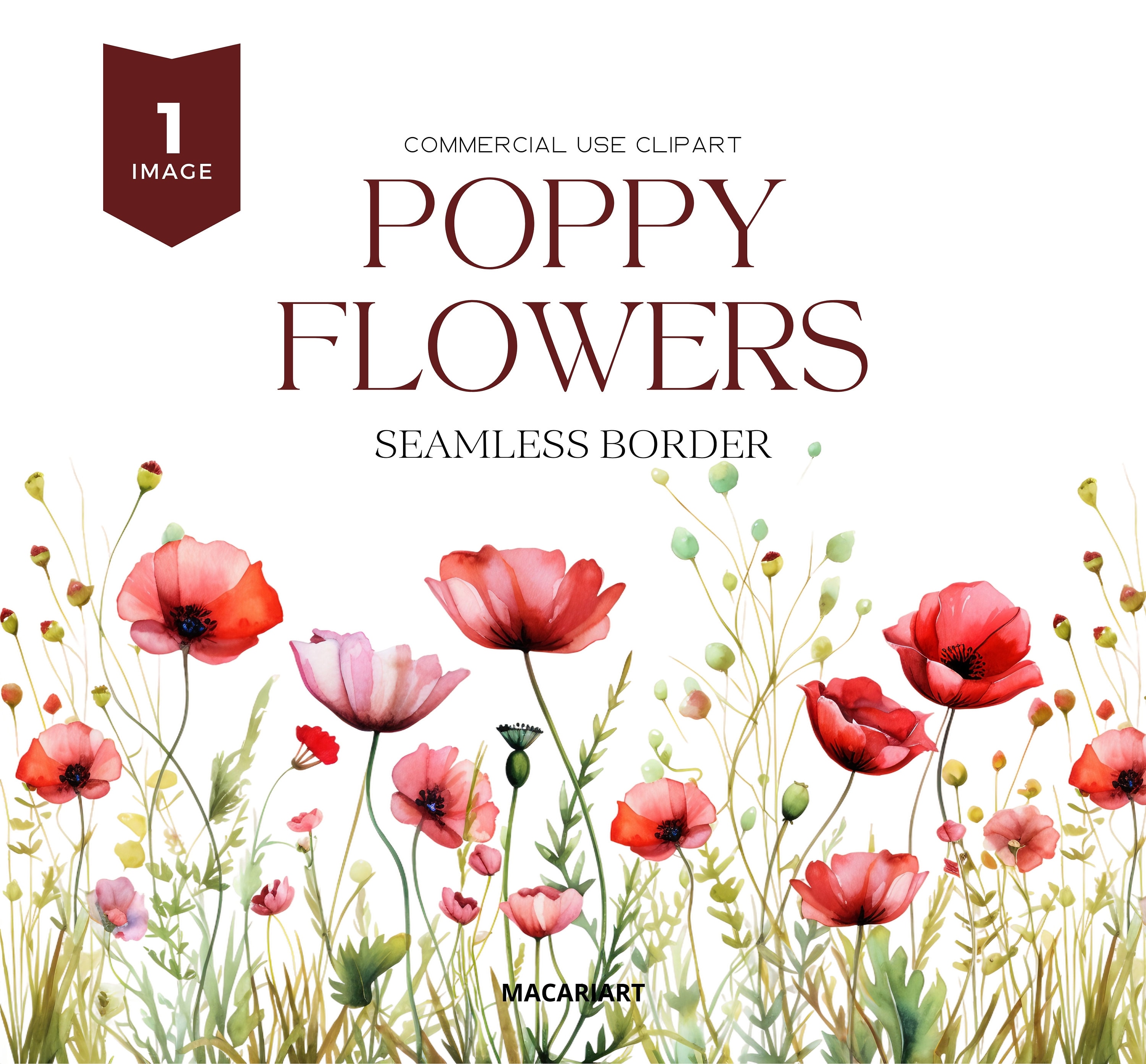 Poppies Border Clipart Floral Watercolor Border Red Flowers Seamless ...
